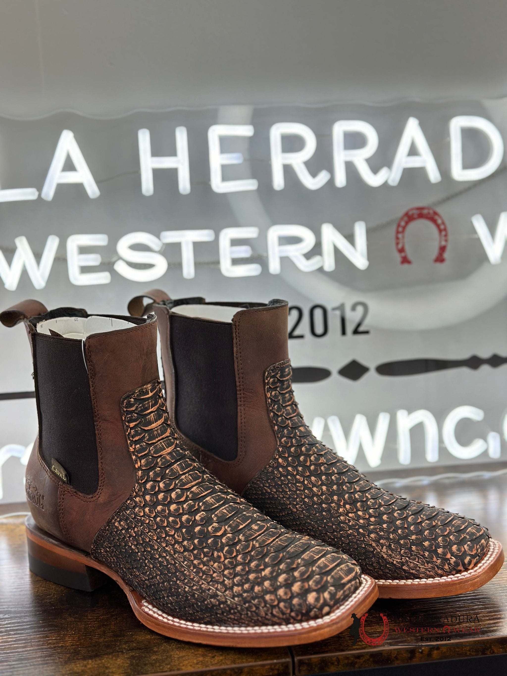 CAVAL EXOTIC PYTHON COGNAC SHORT BOOT SQ. TOE