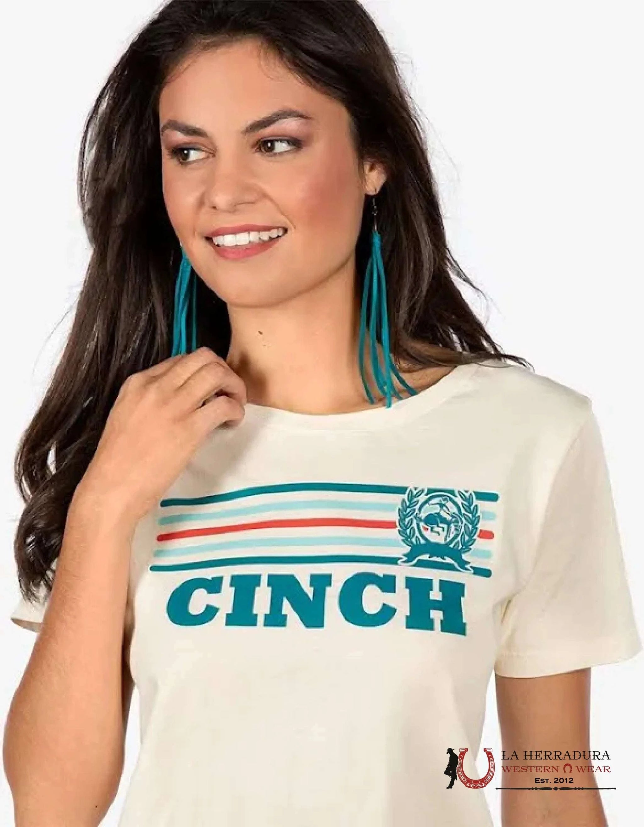 CINCH WOMEN T-SHIRT TAN BLUE AND RED CINCH LOGO MSK7901008