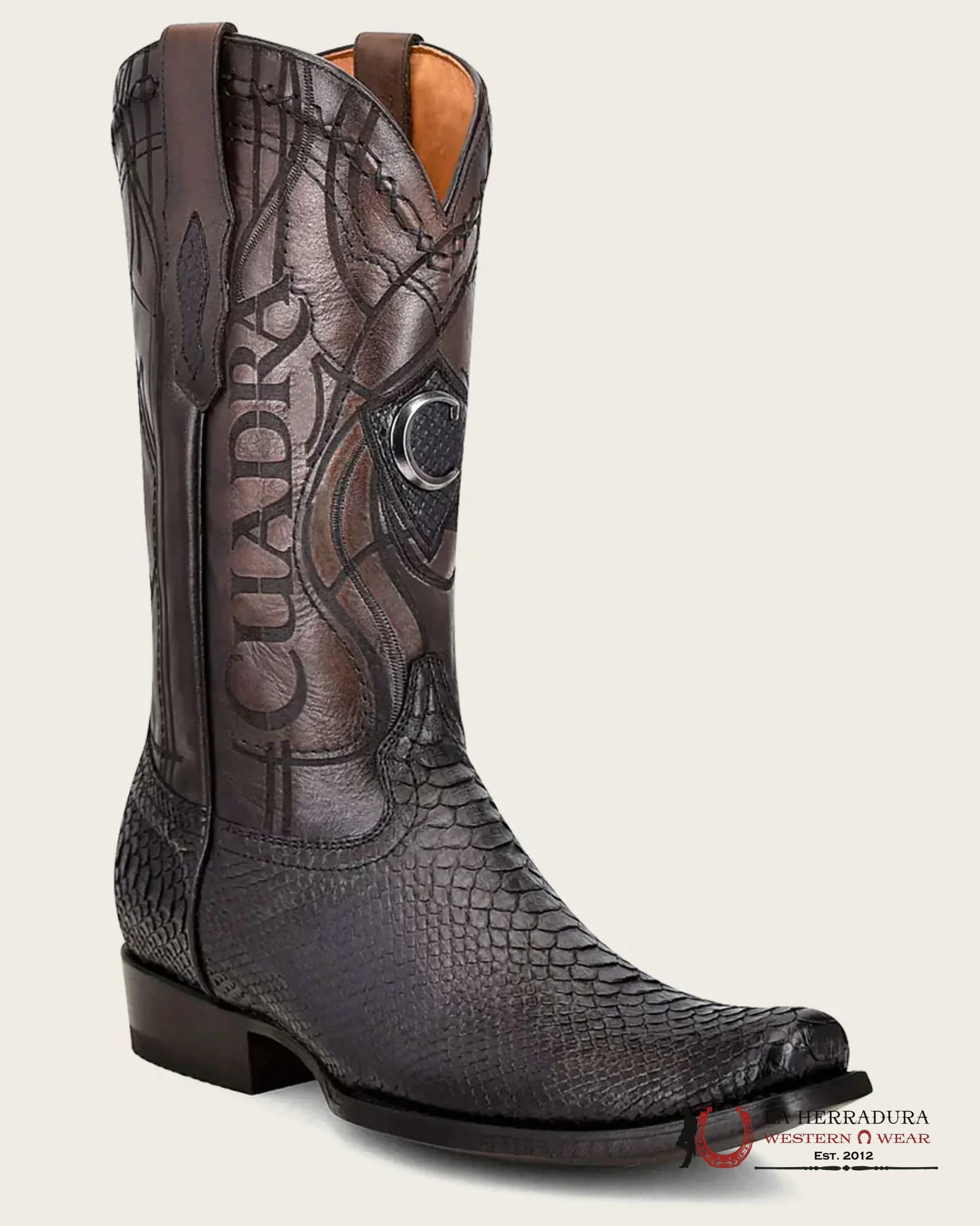 CUADRA CU607 BOOTS PYTHON PLUNGE BLACK LASER & EMBROIDERED NARROW SQUA